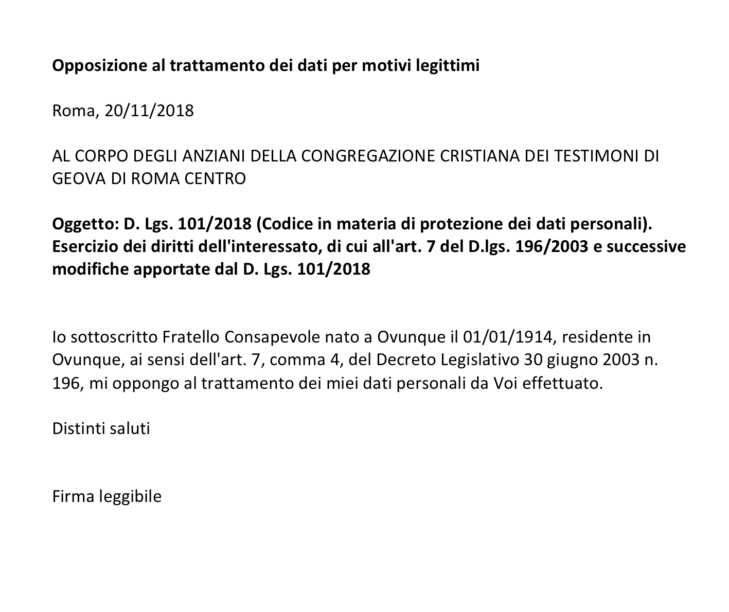 PRIVACY: REVOCA DEL TRATTAMENTO DEI DATI PERSONALI