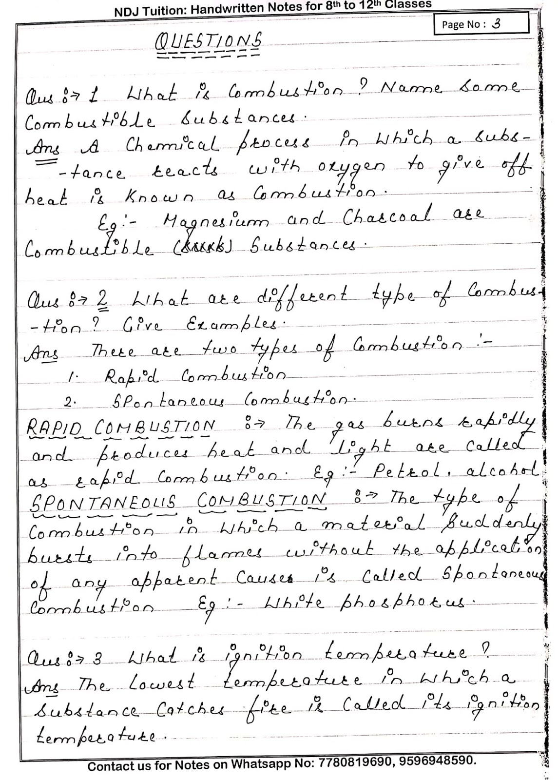 Combustion and Flame Handwritten Notes for 8th Class Science