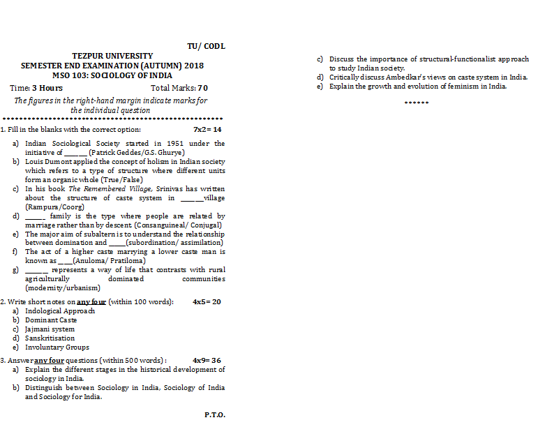 TEZPUR UNIVERSITY (TU/CODL) SEMESTER END MSO 103: SOCIOLOGY OF INDIA ...