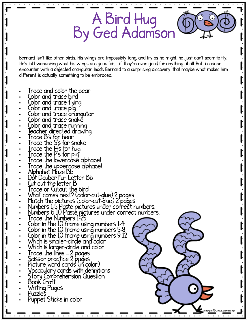 A BIRD HUG BOOK UNIT AND CRAFT ~ Book Units by Lynn