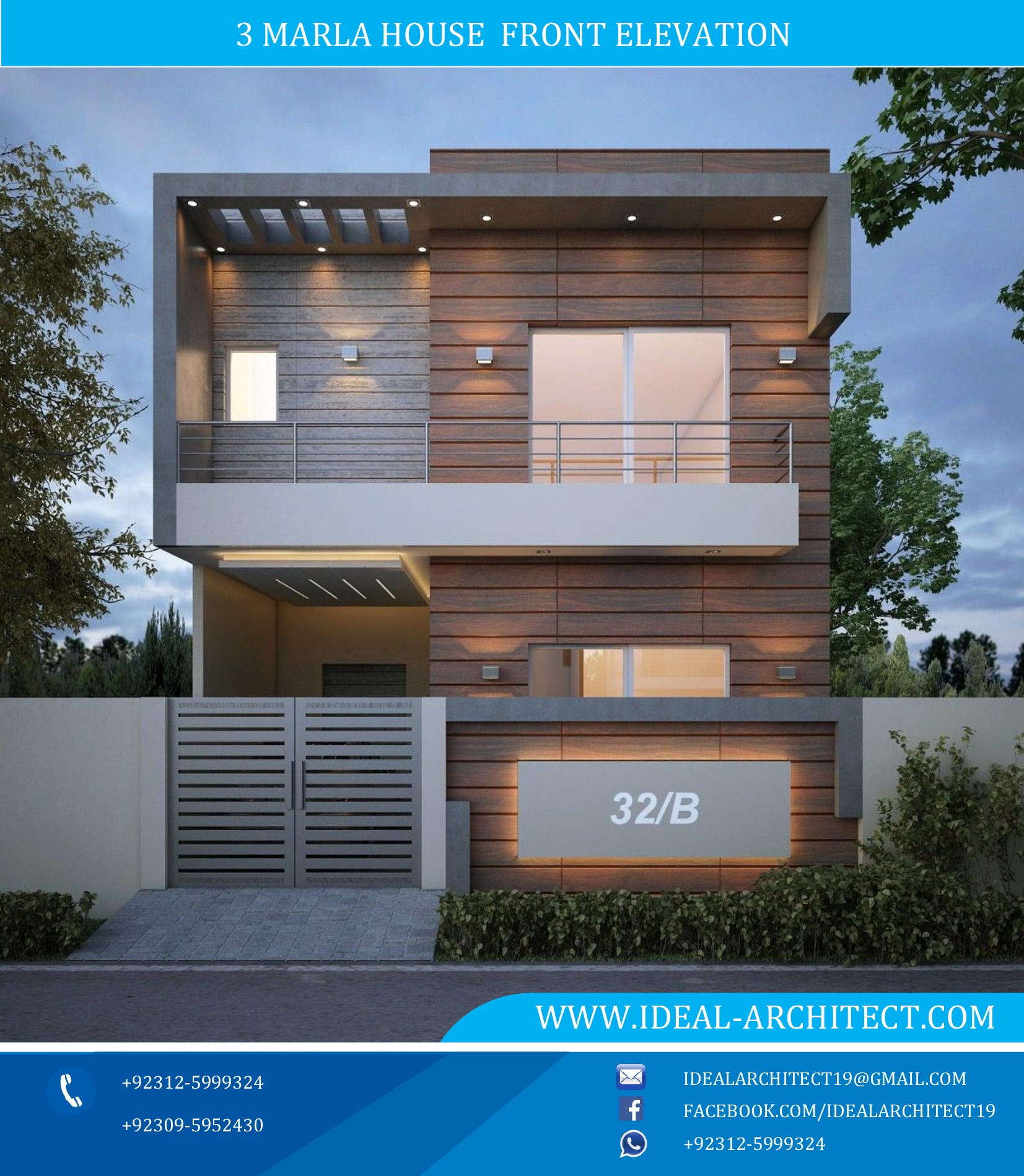 3 Marla House 3D Front Elevation