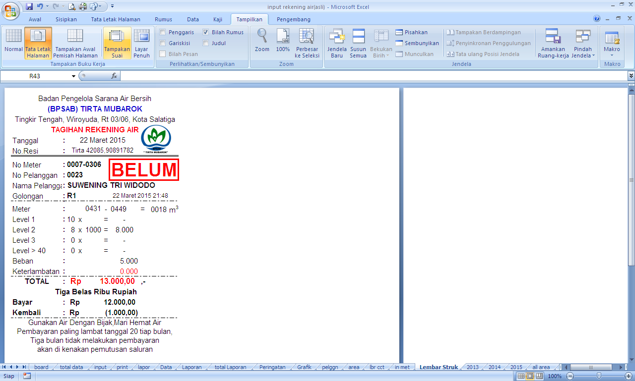 PENCATATAN REKENING AIR SEDERHANA ( excel ) | BADAN PENGELOLA SARANA ...
