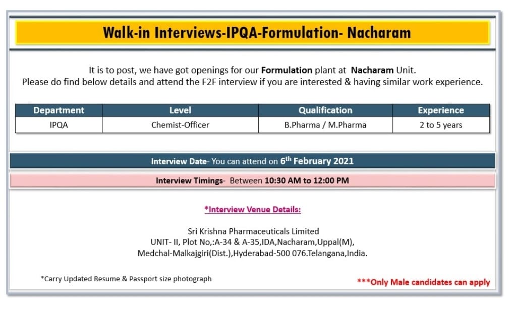 Sri Krishna Pharmaceuticals Ltd - Walk-In Interviews for IPQA on 6th ...
