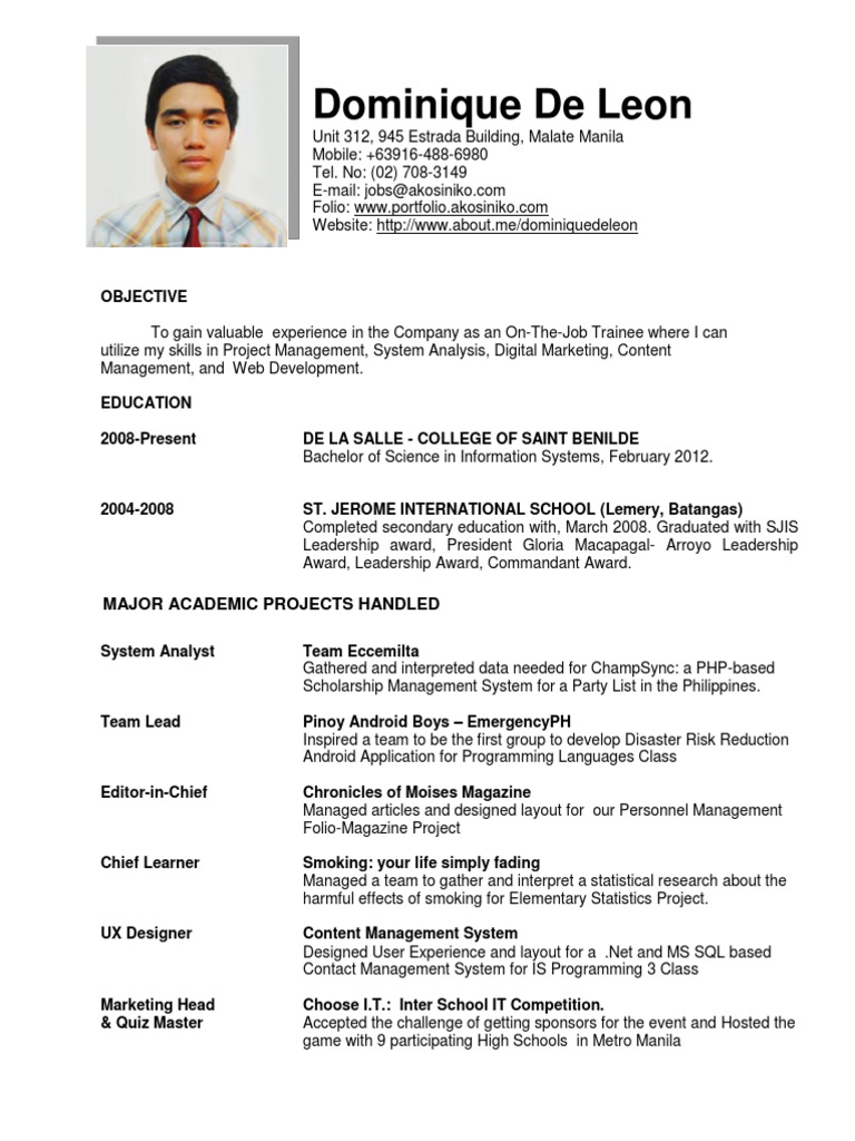 resume sample for ojt - philippin news collections