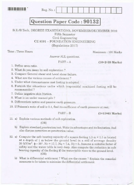 Anna University CE 8591 Foundation Engineering NOVEMBER/DECEMBER 2019 ...