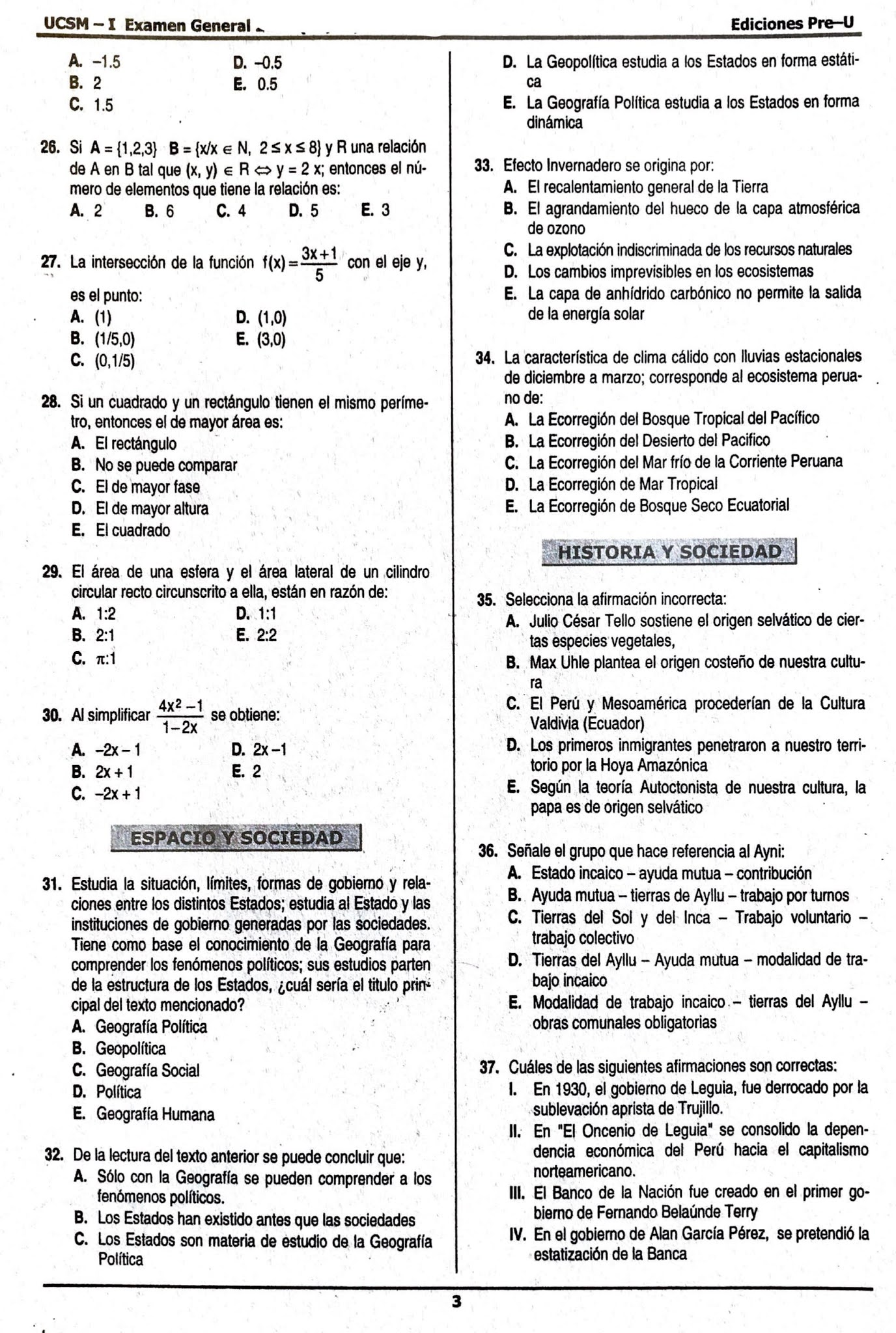 Examen Ordinario De Admisión A La Universidad Católica Santa María 2022