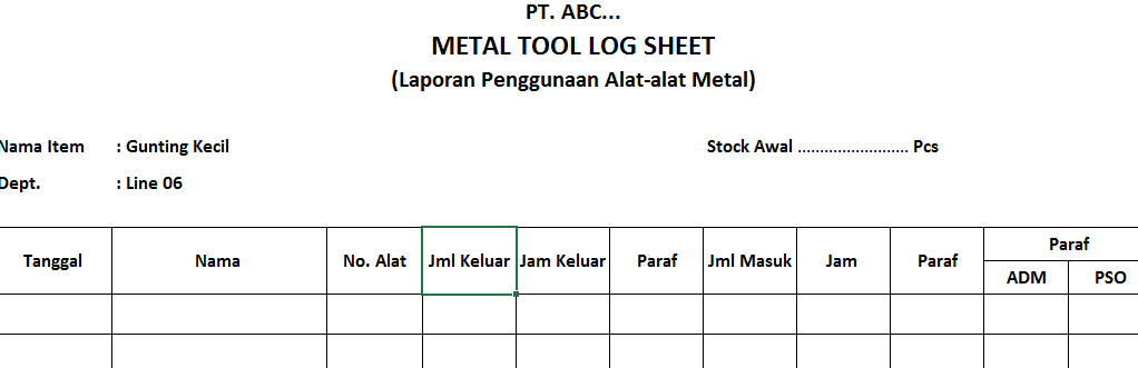 Product safety zone: Form Metal tools Control log