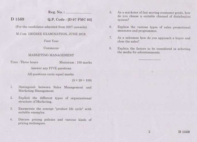 Bharathiar University M.Com., Commerce - MARKETING MANAGEMENT, JUNE ...