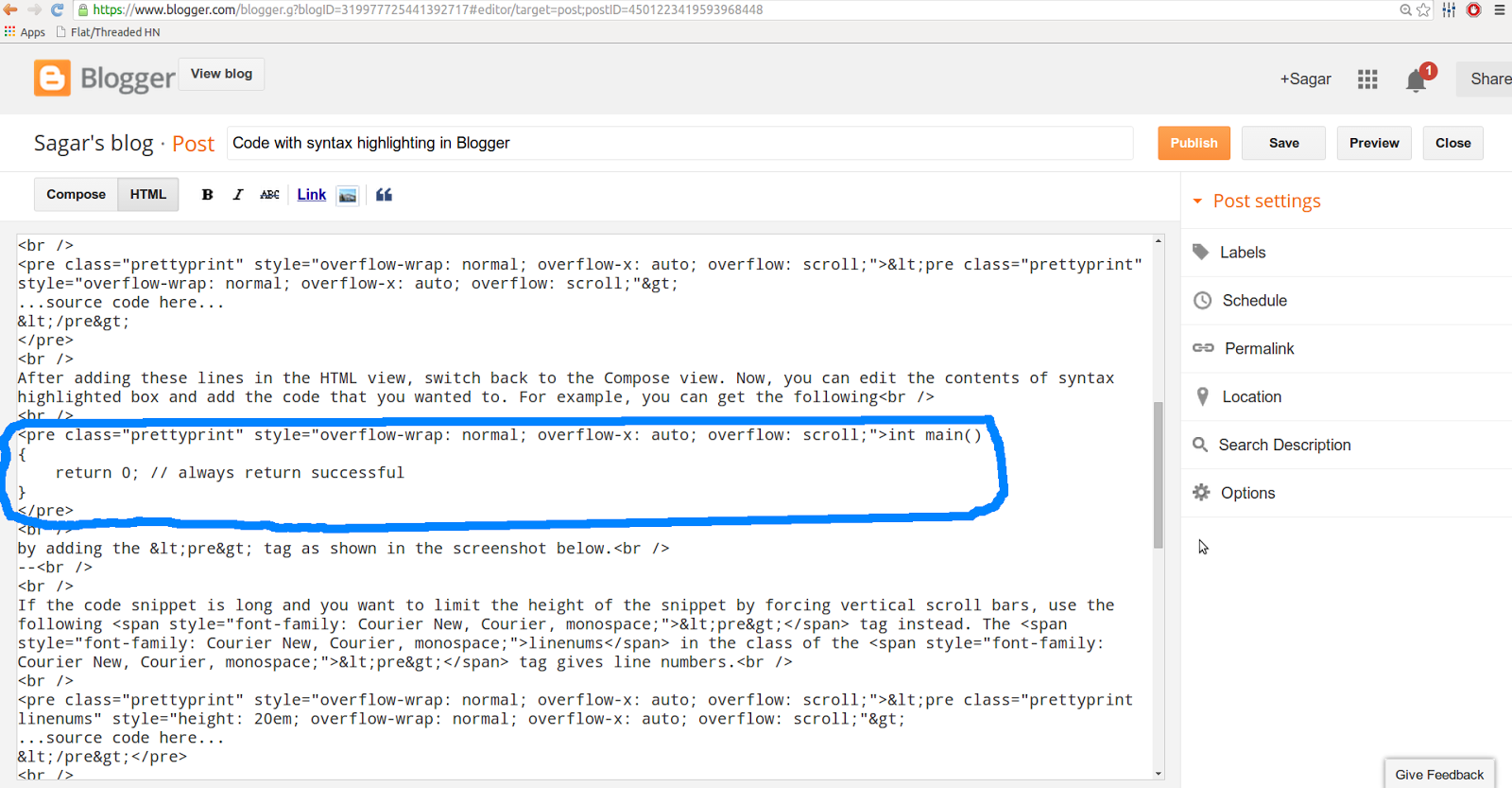 Sagar's blog: Syntax highlighting code in Blogger
