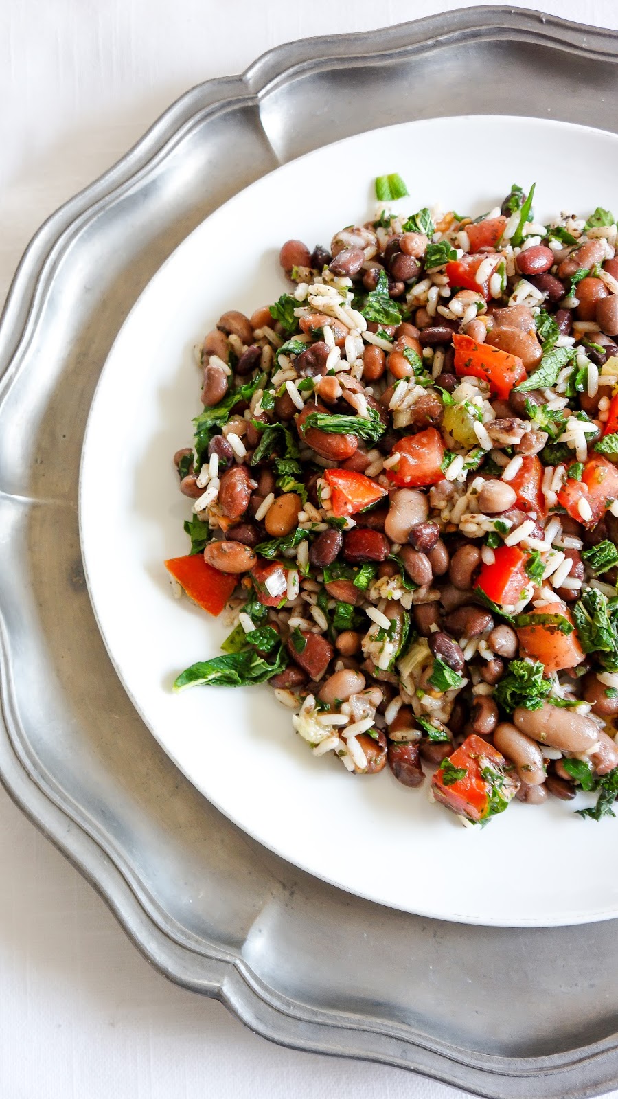 Rice and mixed beans salad with lemon and mint