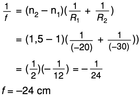 Sebuah lensa bikonkaf dengan jari-jari kelengkungan 20 cm dan 30 cm ...