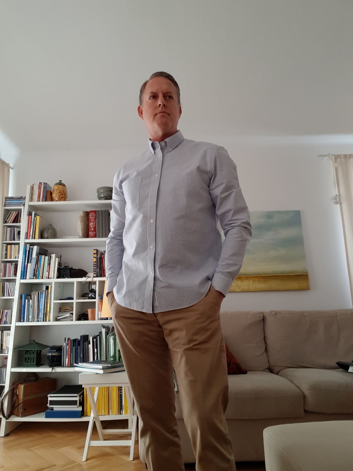 Landless Gentry: Oxford strip OCBD shirt, Chinos and Grey Crew Neck ...