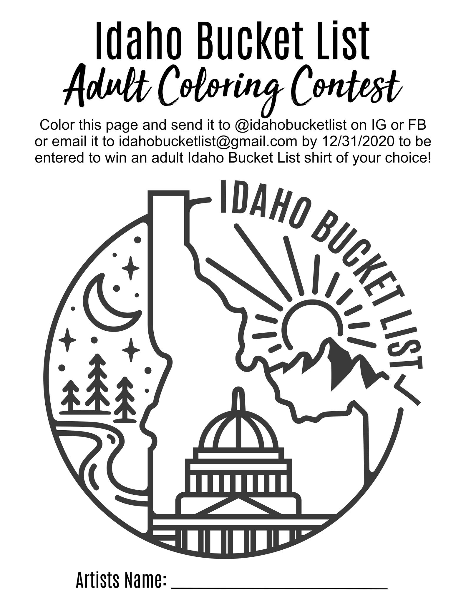Idaho Bucket List Adult Coloring Contest