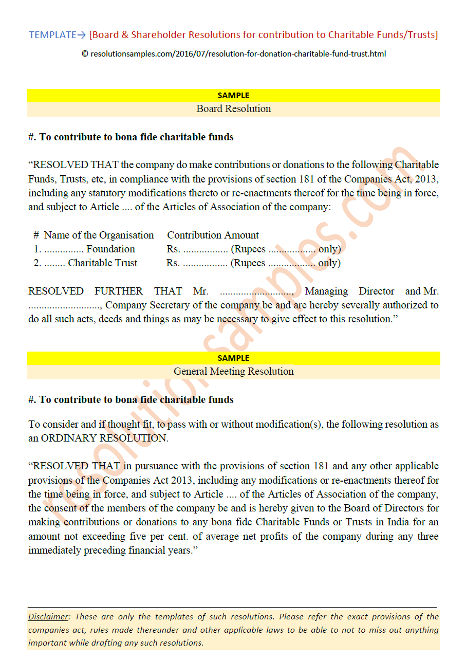Board & Shareholder Resolution for Donation to Charitable Trust
