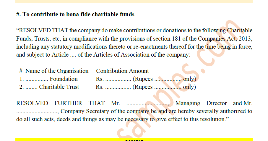 Board & Shareholder Resolution for Donation to Charitable Trust