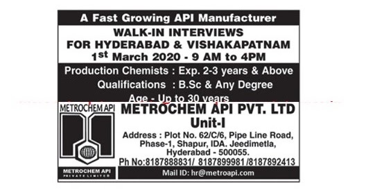 UDYOG ADDA: METROCHEM API PVT. LTD - Walk-In Interviews for Hyderabad & Visakhapatnam Locations ...