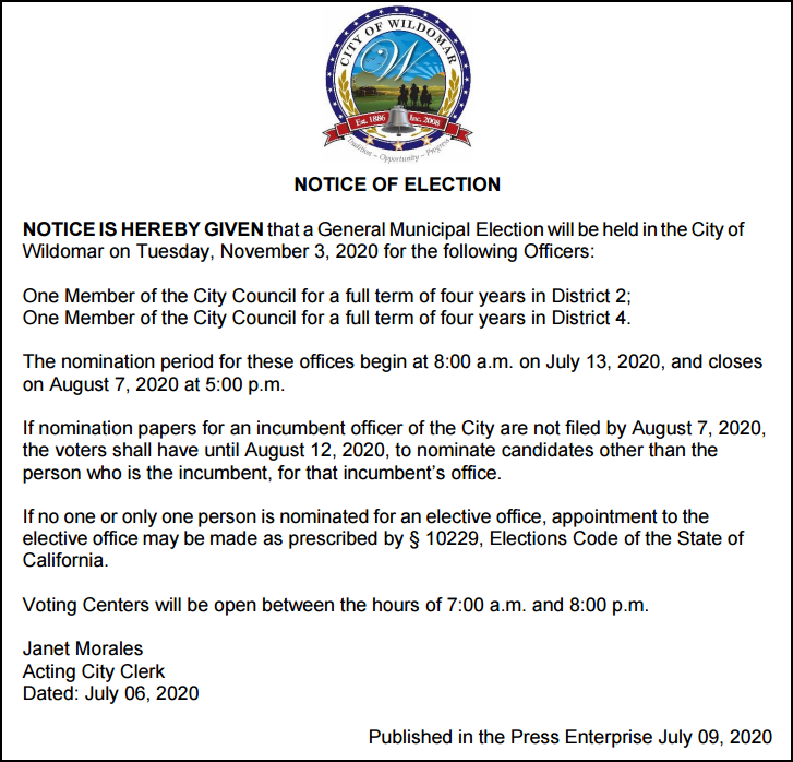 Wildomar Rap: • Press Release: Notice of Election November 3, 2020