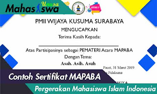 Contoh Sertifikat MAPABA PMII - Mahasiswa Unusa