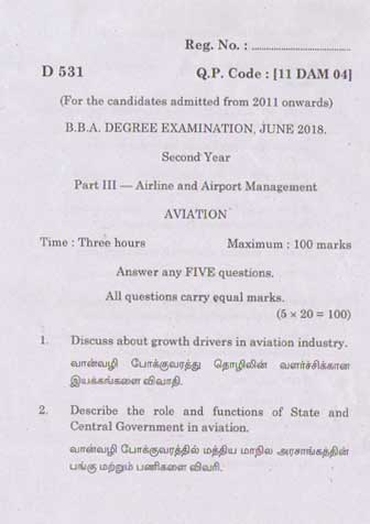 Bharathiar University B.B.A., Airline and Airport Management AVIATION ...
