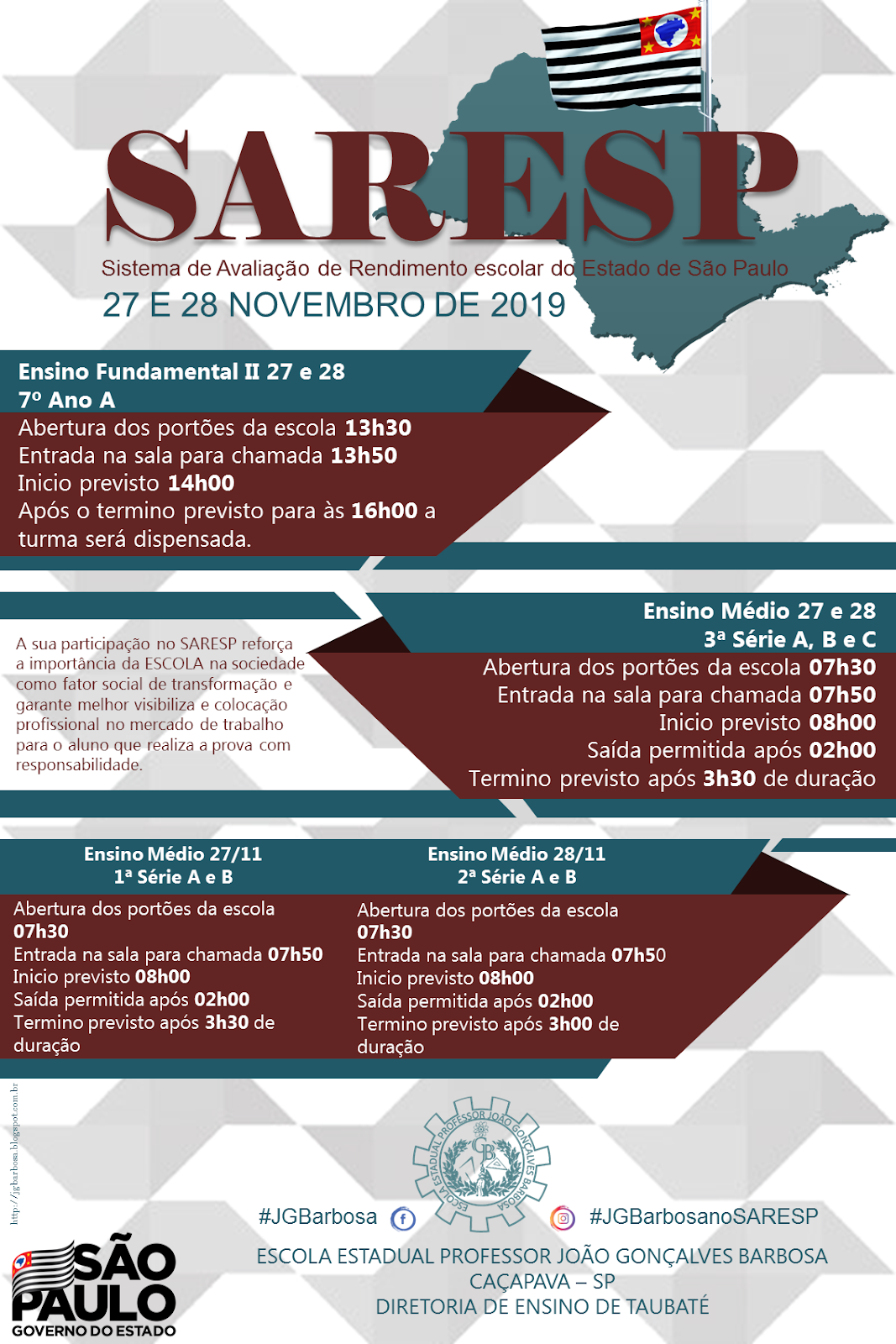 ESCOLA PROFESSOR JOÃO GONÇALVES BARBOSA: SARESP 2019 NO JOÃO GONÇALVES ESCOLA PROFESSOR JOÃO GONÇALVES BARBOSA: SARESP 2019 NO JOÃO GONÇALVES