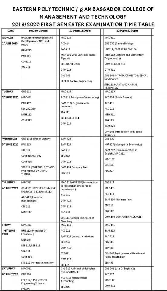 Eastern Poly Online Exam Timetable for 1st Semester 2019/2020