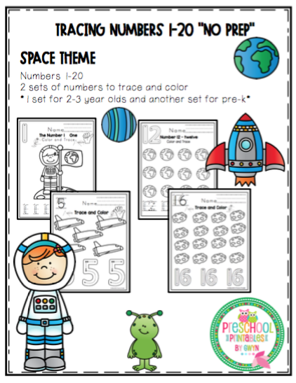 Number Trace Space Theme 1-20 "No Prep" ~ Preschool Printables