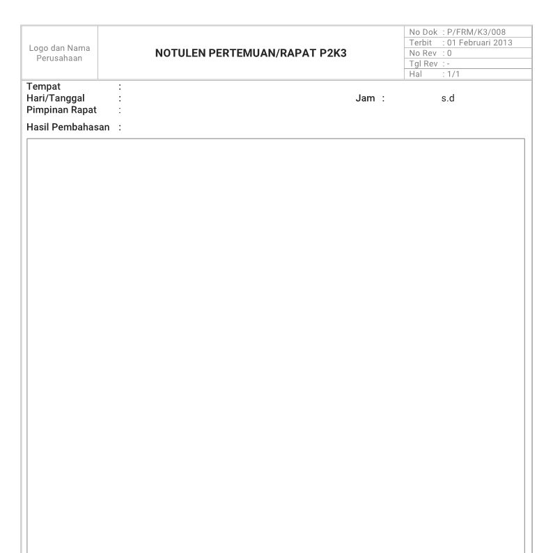 Formulir Notulen Pertemuan/Rapat K3 - Manajemen K3 Umum