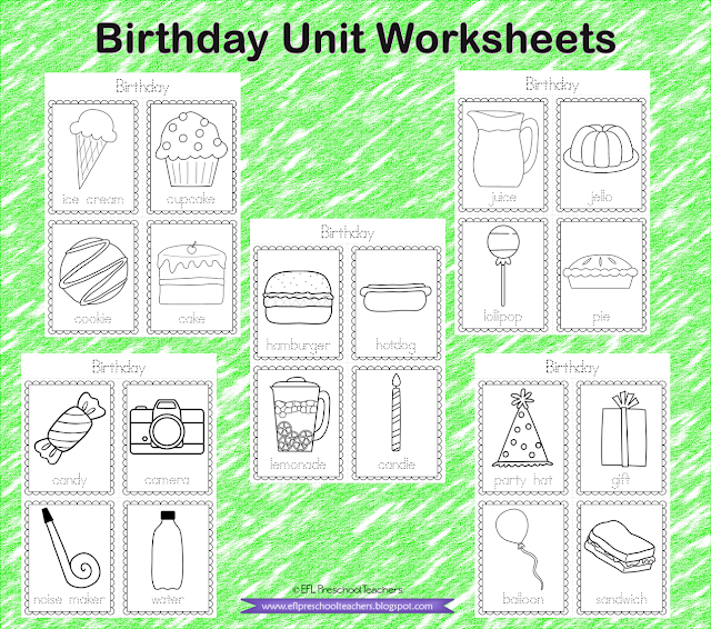 ESL/EFL Preschool Teachers: Birthday Unit Worksheets for Kindergarten ELL