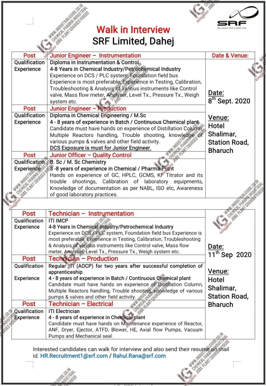 SRF Limited Dahej interview in 2020 September 08th & 11th for ... SRF Limited Dahej interview in 2020 September 08th & 11th for ...