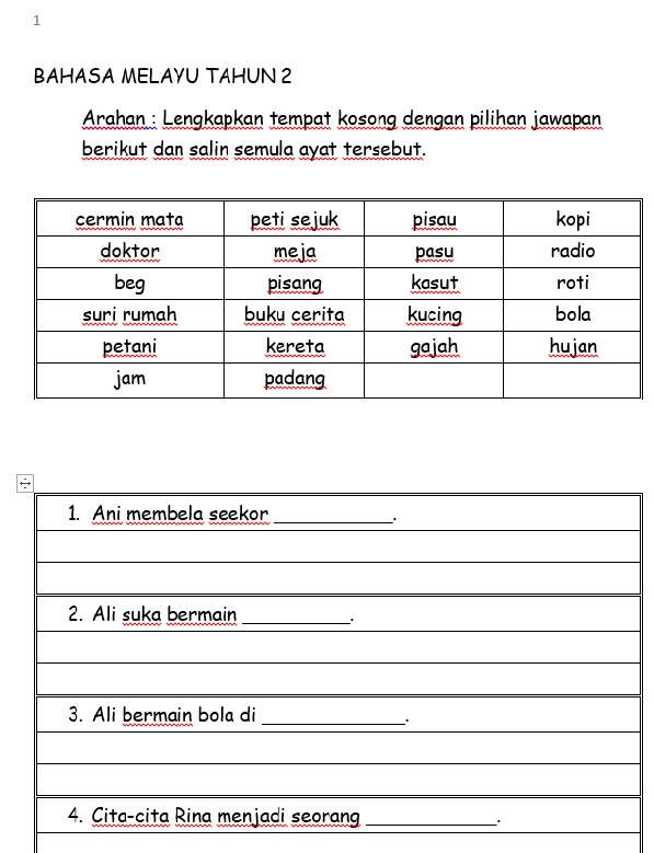 Latihan Kata Nama Am Bahasa Melayu Tahun 2