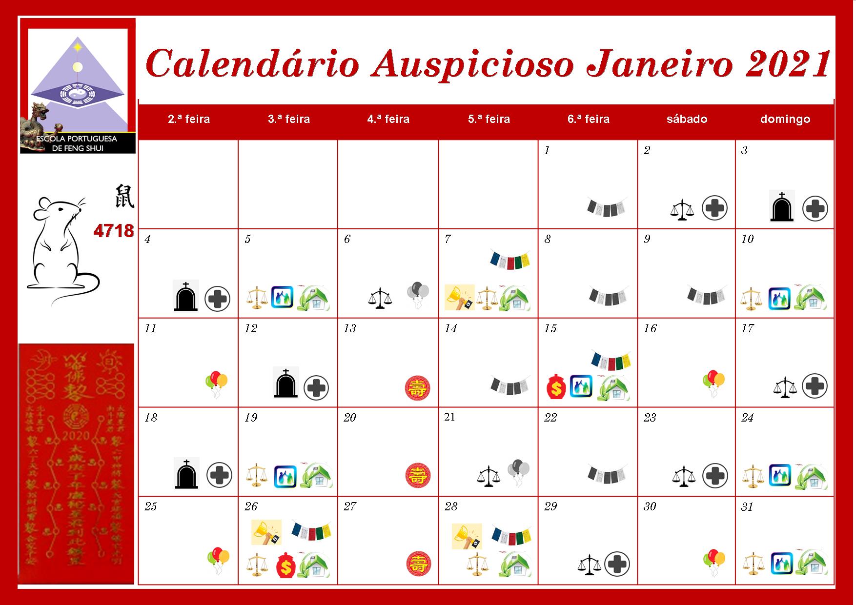 Calendário Auspicioso Janeiro 2021 - Escola Portuguesa de Feng Shui