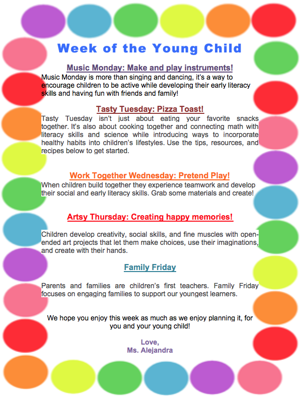 Nursery Week of the Young Child Weekly Plan April 13th-17th, 2020.