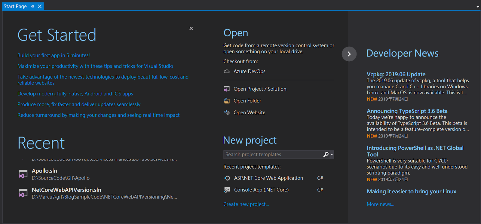 [VisualStudio] Visual Studio 2019 找回遺失的 StartPage 與 Developer News ~ m ...