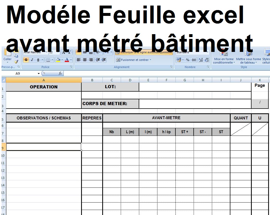 modéle feuille excel avant métré bâtiment