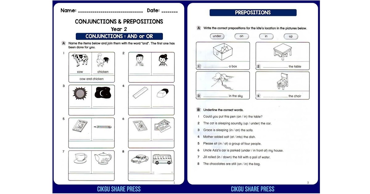 Conjunctions & Prepositions Worksheets | Year 2