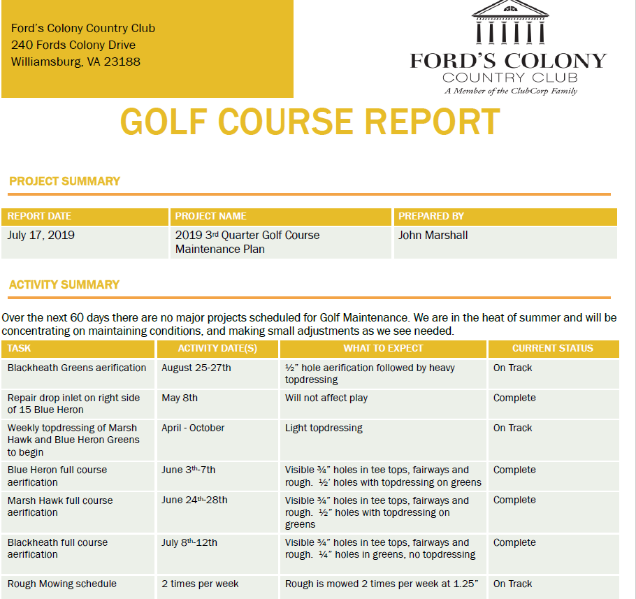 Ford's Colony Country Club Golf Course Maintenance