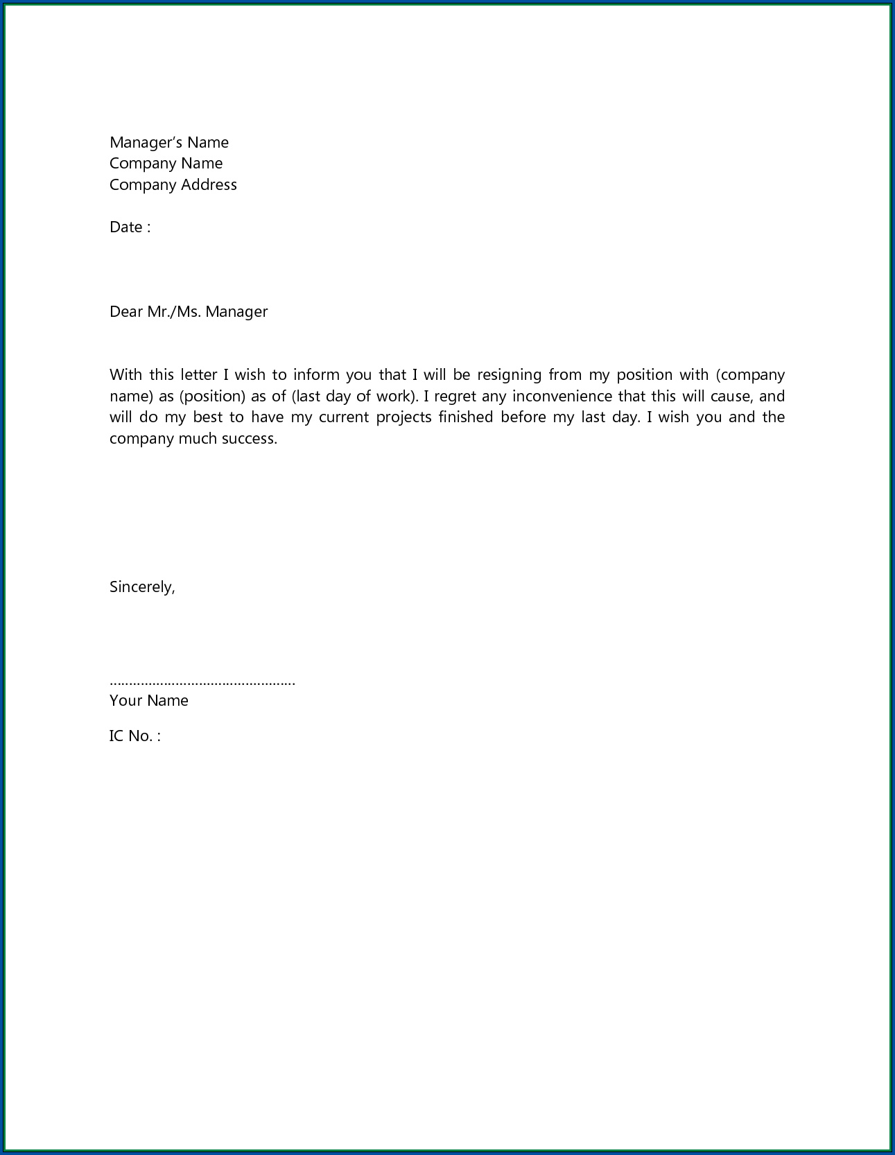 Free Printable Resignation Letter Template ~ Resume Letter