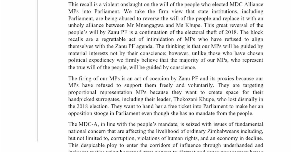 NewsdzeZimbabwe RECALL IS A VIOLENT ONSLAUGHT ON PEOPLE S WILL MDC A newsdzezimbabwe-recall-is-a-violent-onslaught-on-people-s-will-mdc-a