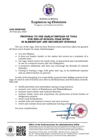 DepEd proposes the use of Sablay instead of Toga for EOSY Rites - Deped ...