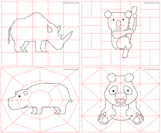 Four grid: Free printable Zoo grid line drawing worksheet/activity for kids