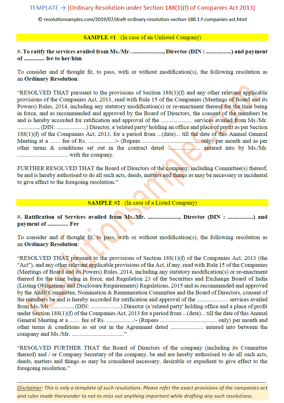 Draft Ordinary Resolution Section 188(1)(f) Companies Act 2013