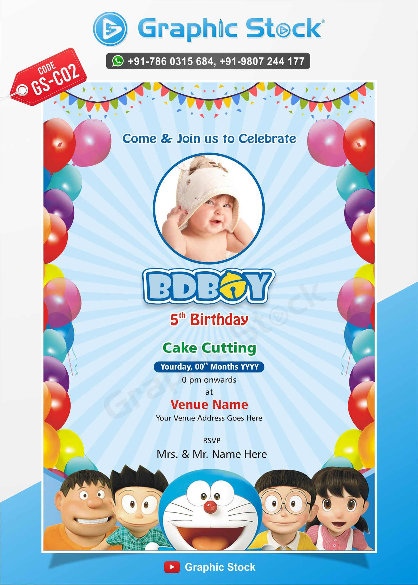 Doraemon Theme Birthday Invitation Card | M. +91-7860315684