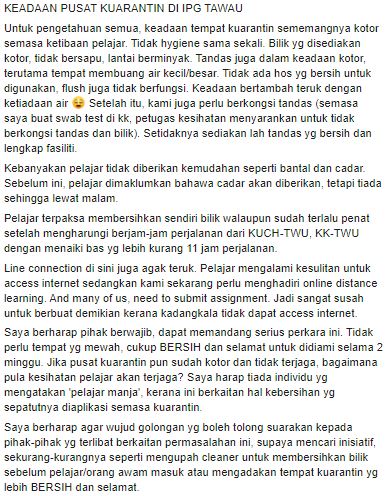 PUSATI KUARANTIN IPG BALUNG TAWAU TIDAK KONDUSIF?