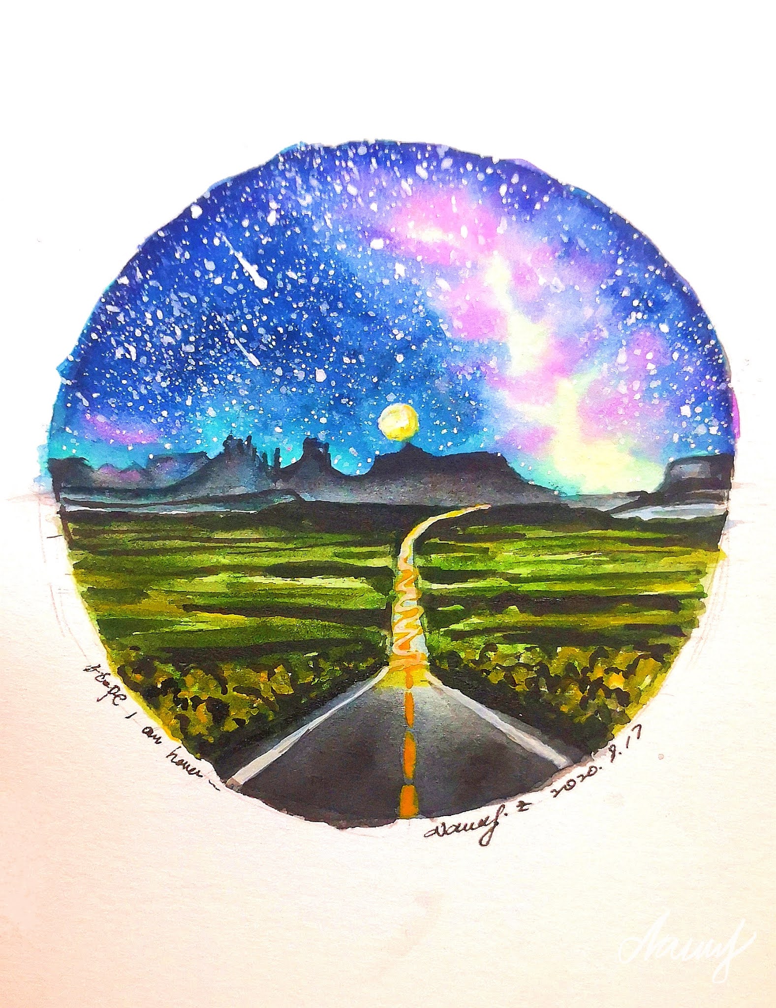 Watercolor galax night sky landscape step by step tutorial for beginner ...