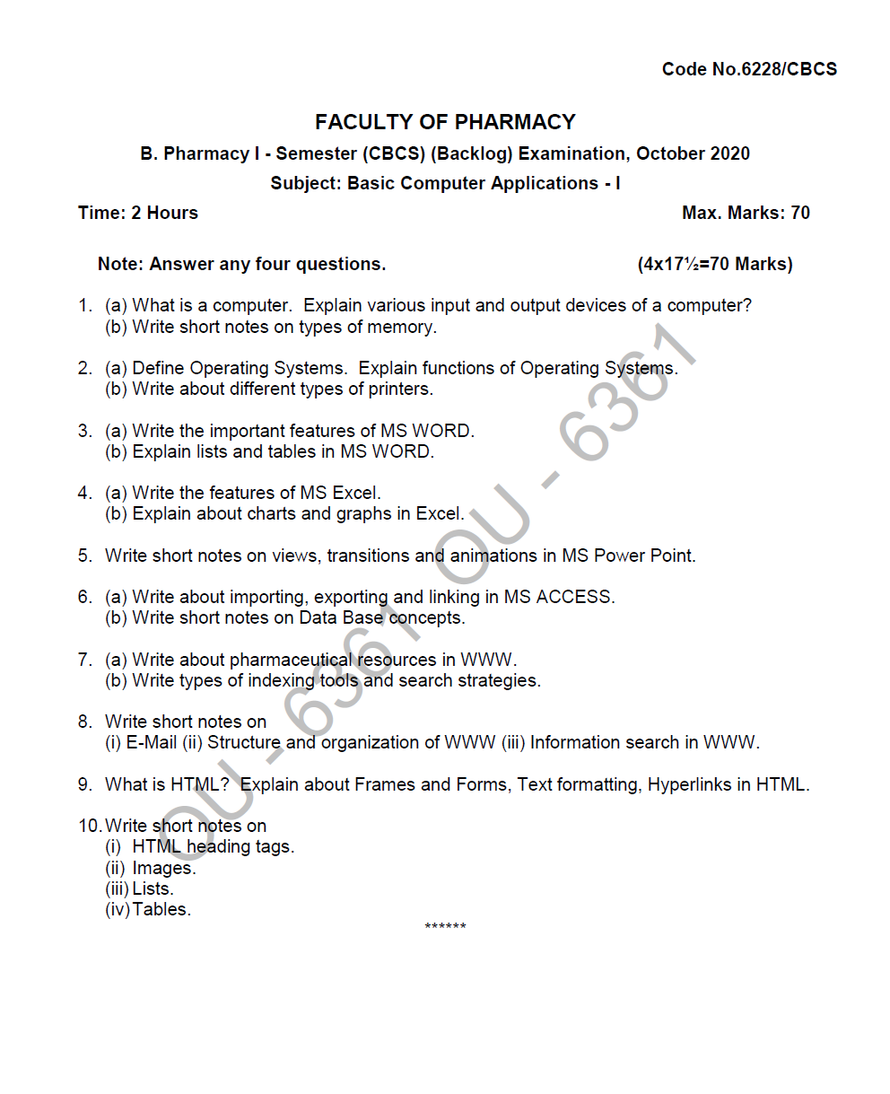 Osmania University B. Pharmacy I-Semester (CBCS) (Backlog) Subject ...