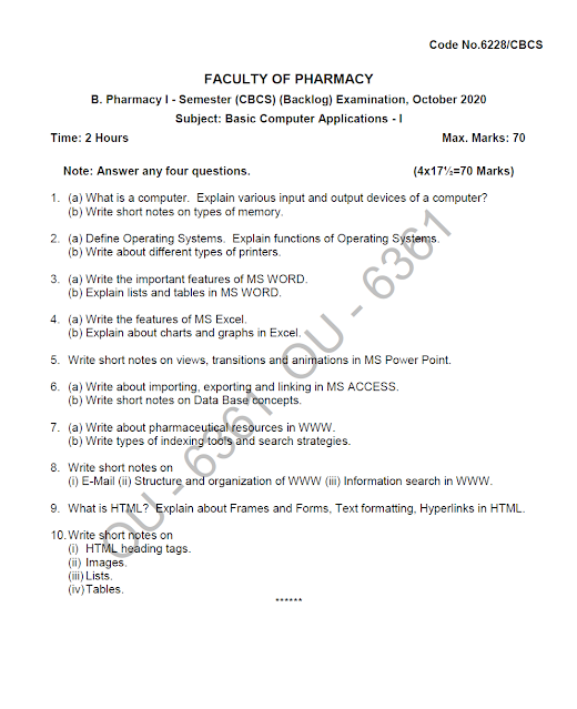 Osmania University B. Pharmacy I-Semester (CBCS) (Backlog) Subject : Basic Computer Applications ...