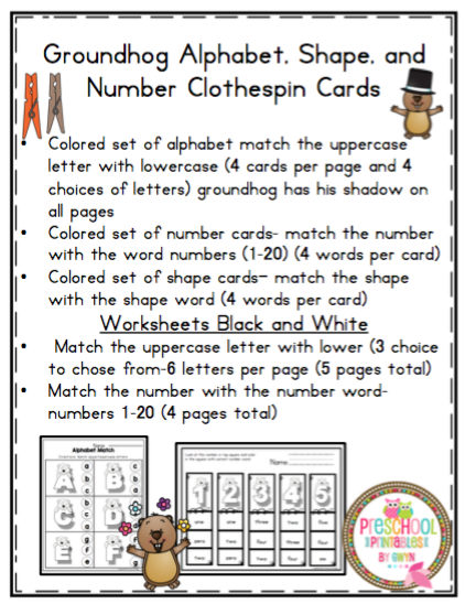 Groundhog Alphabet-Number and Shape Cards plus Worksheets ~ Preschool ...