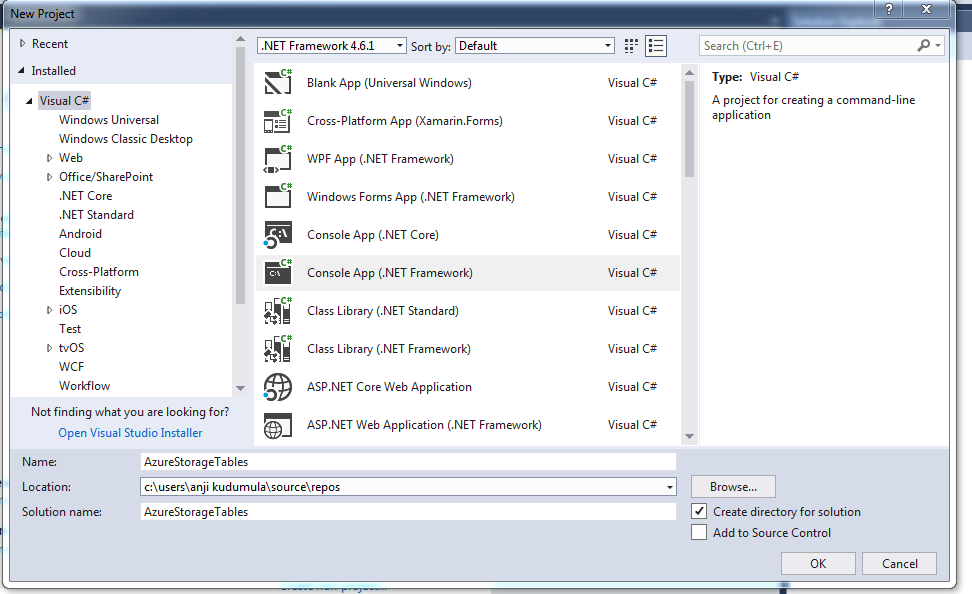Azure Storage Tables with Visual Studio 2017
