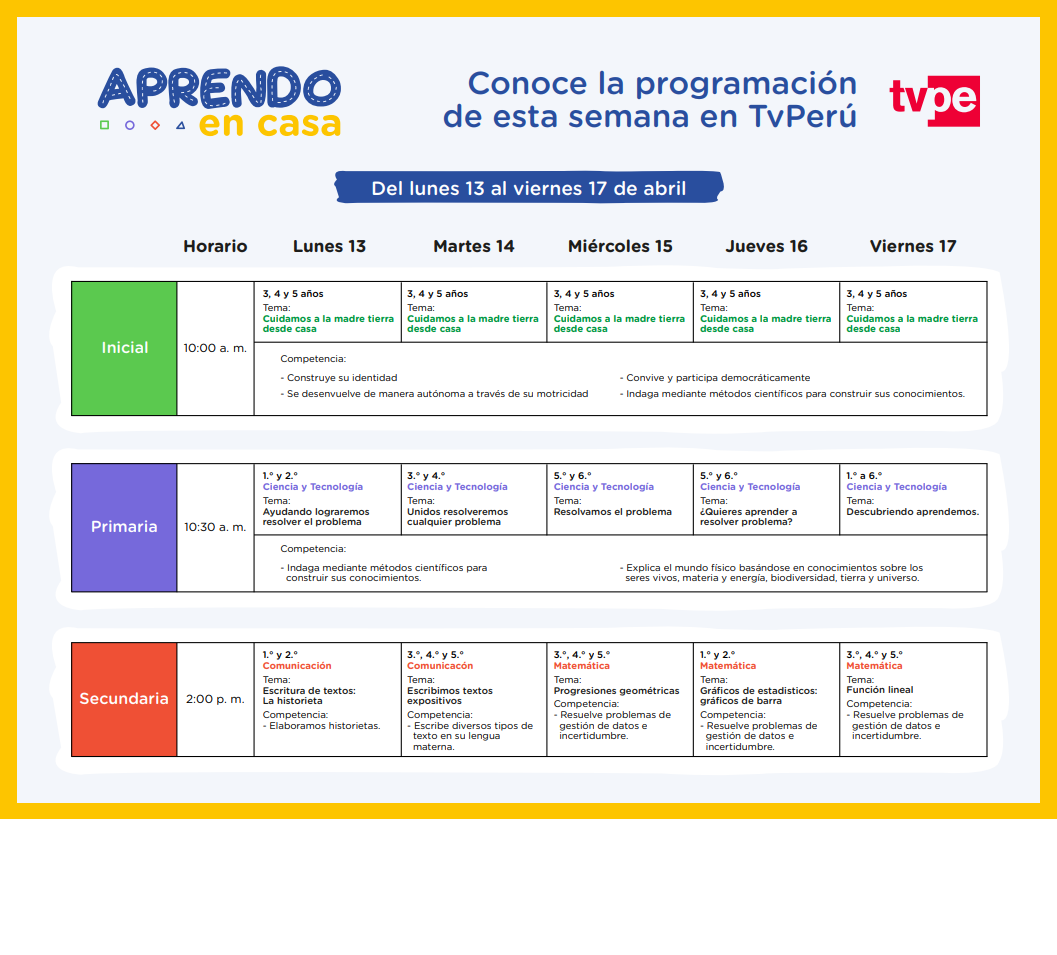 Programación 2ª Semana de "Aprendo en casa" por Radio y Tv