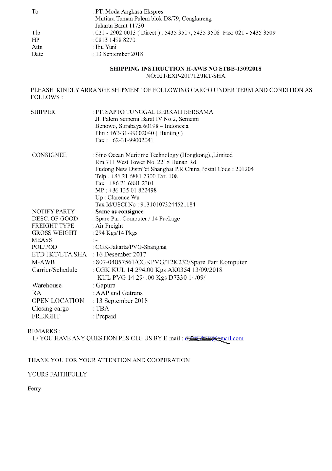 Contoh shipping instruction export LCL,FCL dan Air Freight Sevices ...